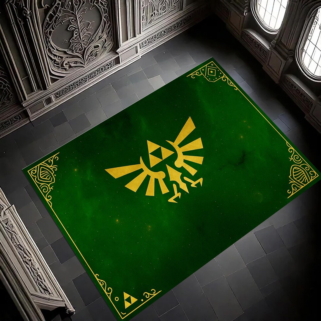 Zelda Triforce Rug: Gamer Fantasy Green Symbol, Retro Hero Crest Iconic ...