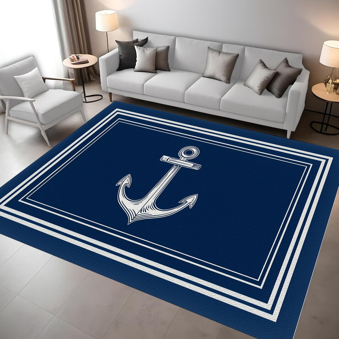 Nautical Anchor Rug: Seaside Rope Border, Ocean Coastal , Blue Maritime ...