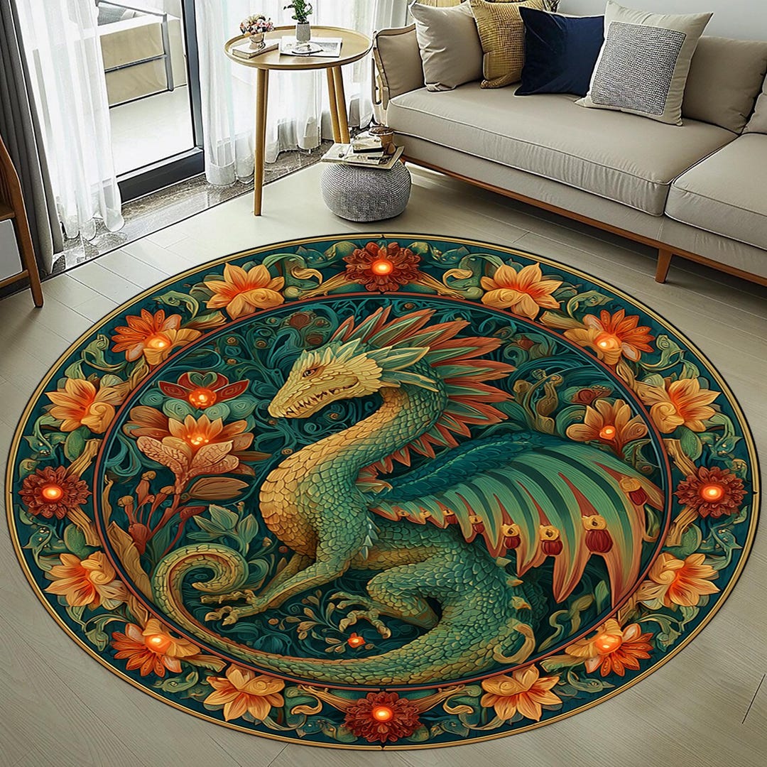 Mythic Dragon Round Rug: Gothic Floral Mandala, Fantasy Circle, Green ...