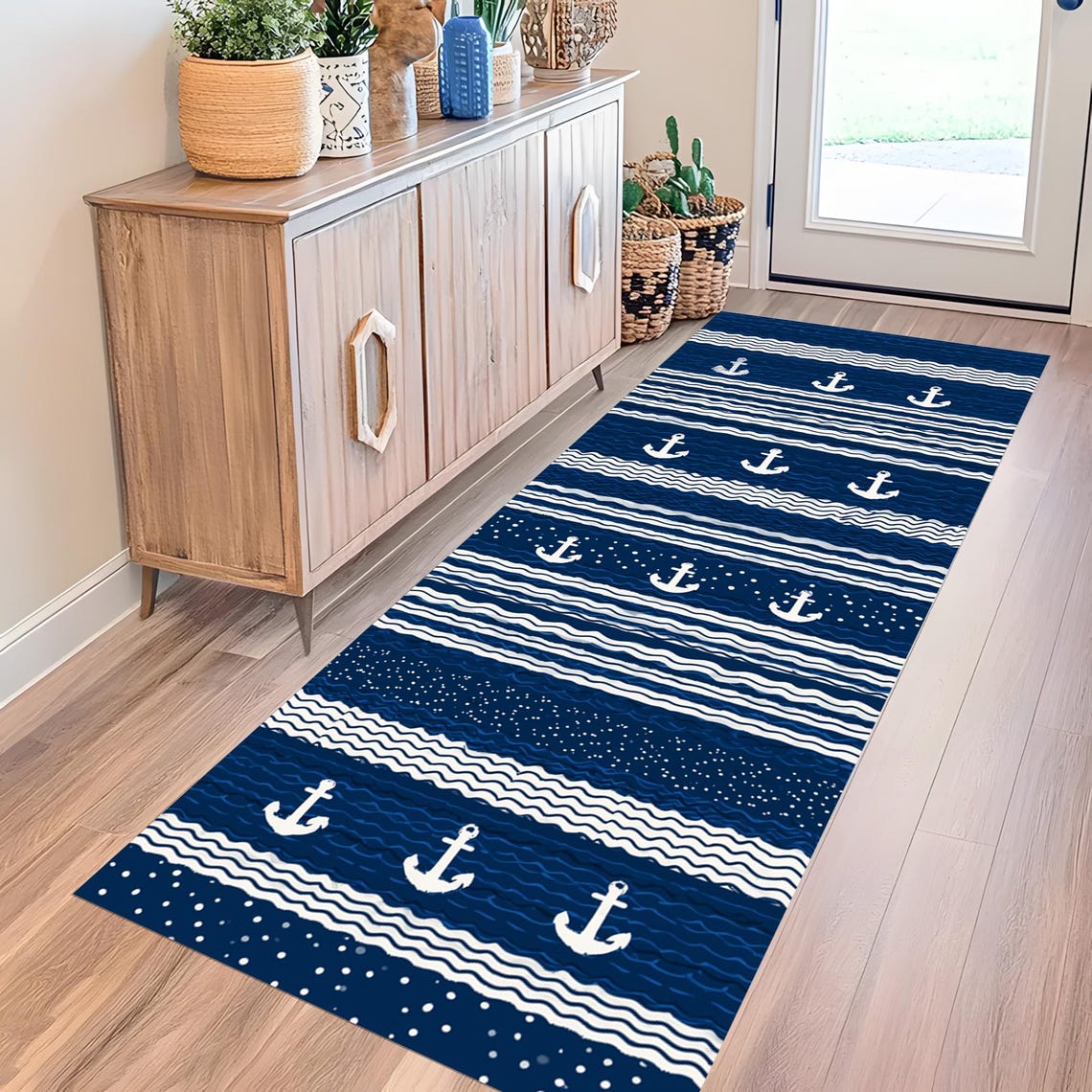 Nautical Anchor Runner Rug: Blue White Stripes, Coastal Maritime ...