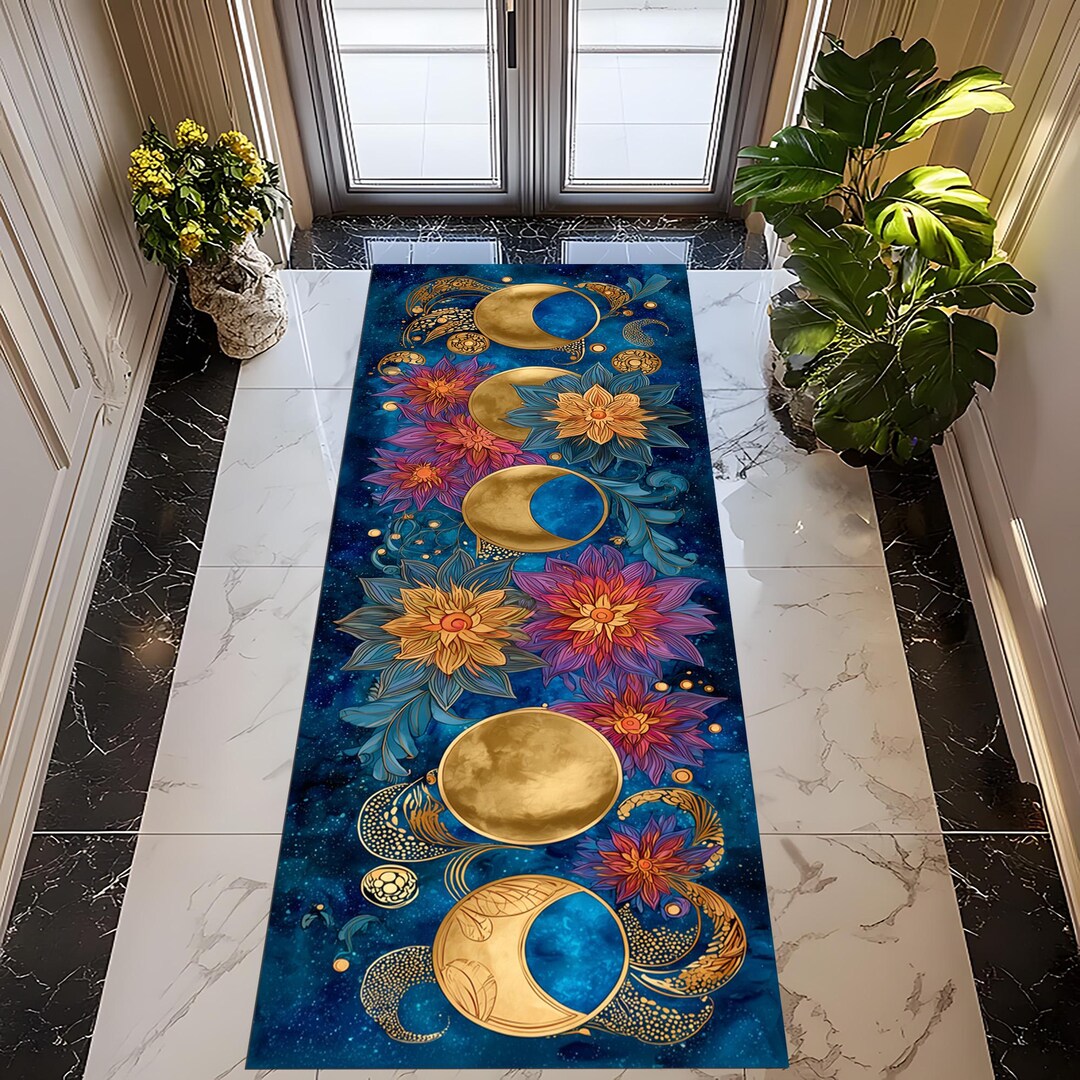 Lunar Phases Runner Rug: Golden Moon Cycle Design, Celestial Floral ...