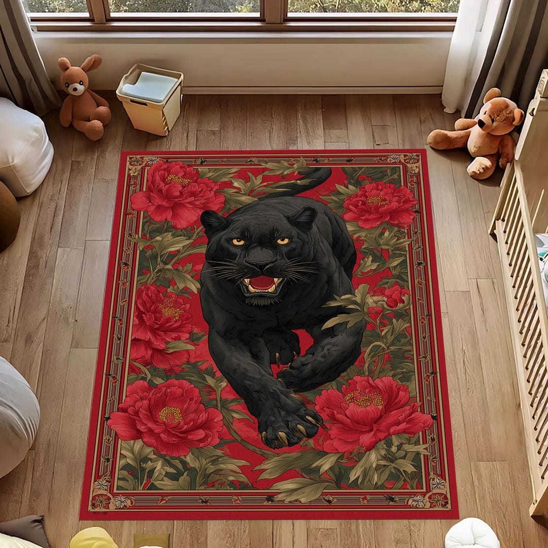 Black Panther Floral Rug: Exotic Jungle Animal Print, Red Green Boho ...