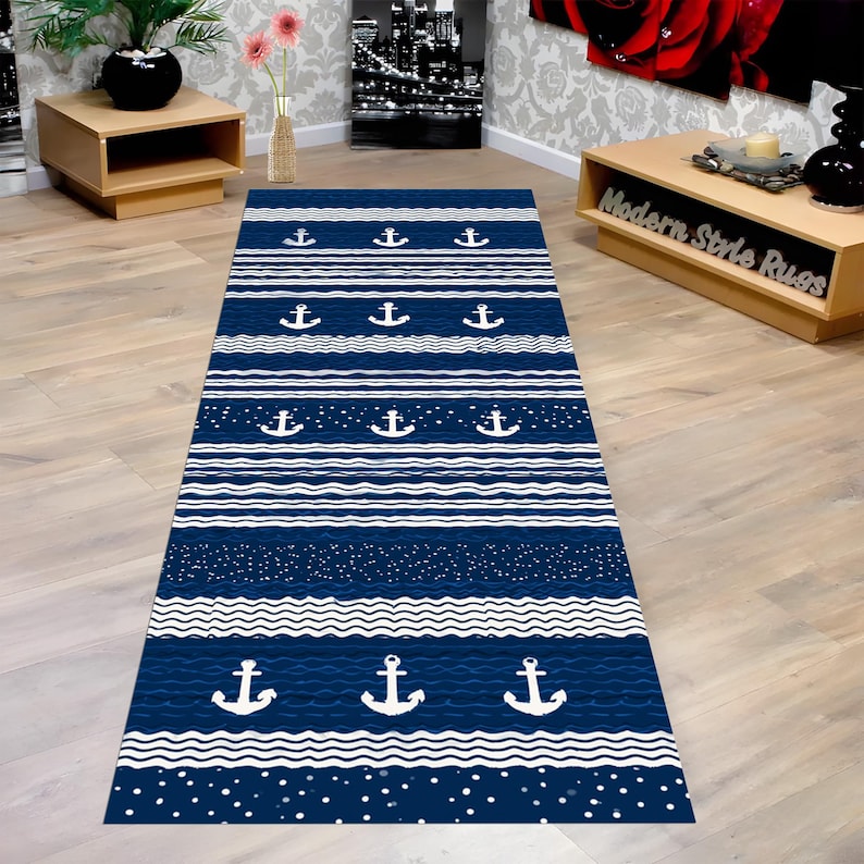 Nautical Anchor Runner Rug: Blue White Stripes, Coastal Maritime ...