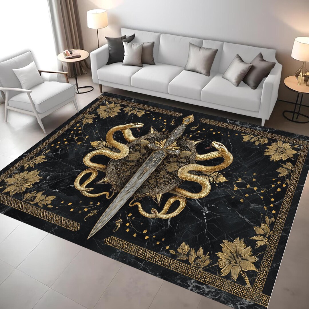 Gold Snake Sword Rug: Gothic Serpent, Medieval Mythical Blade, Fantasy ...