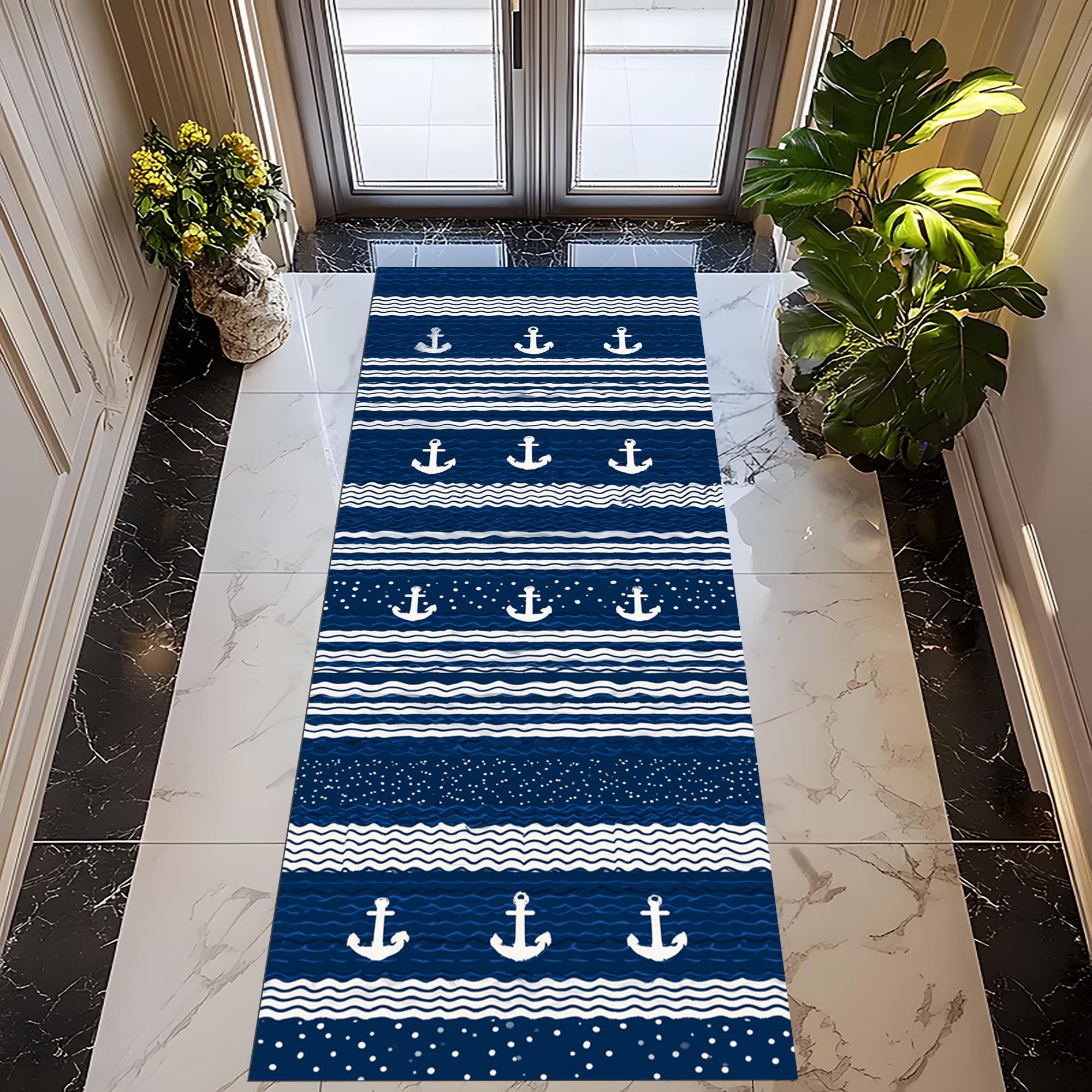Nautical Anchor Runner Rug: Blue White Stripes, Coastal Maritime ...