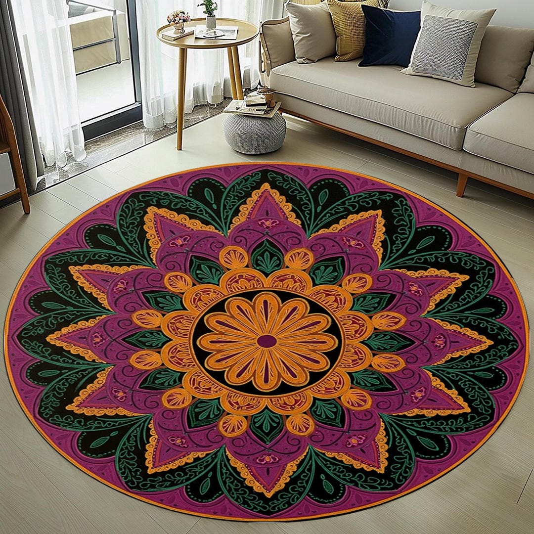 Bohemian Mandala Rug: Vibrant Floral Folk Art, Colorful Orange Green ...