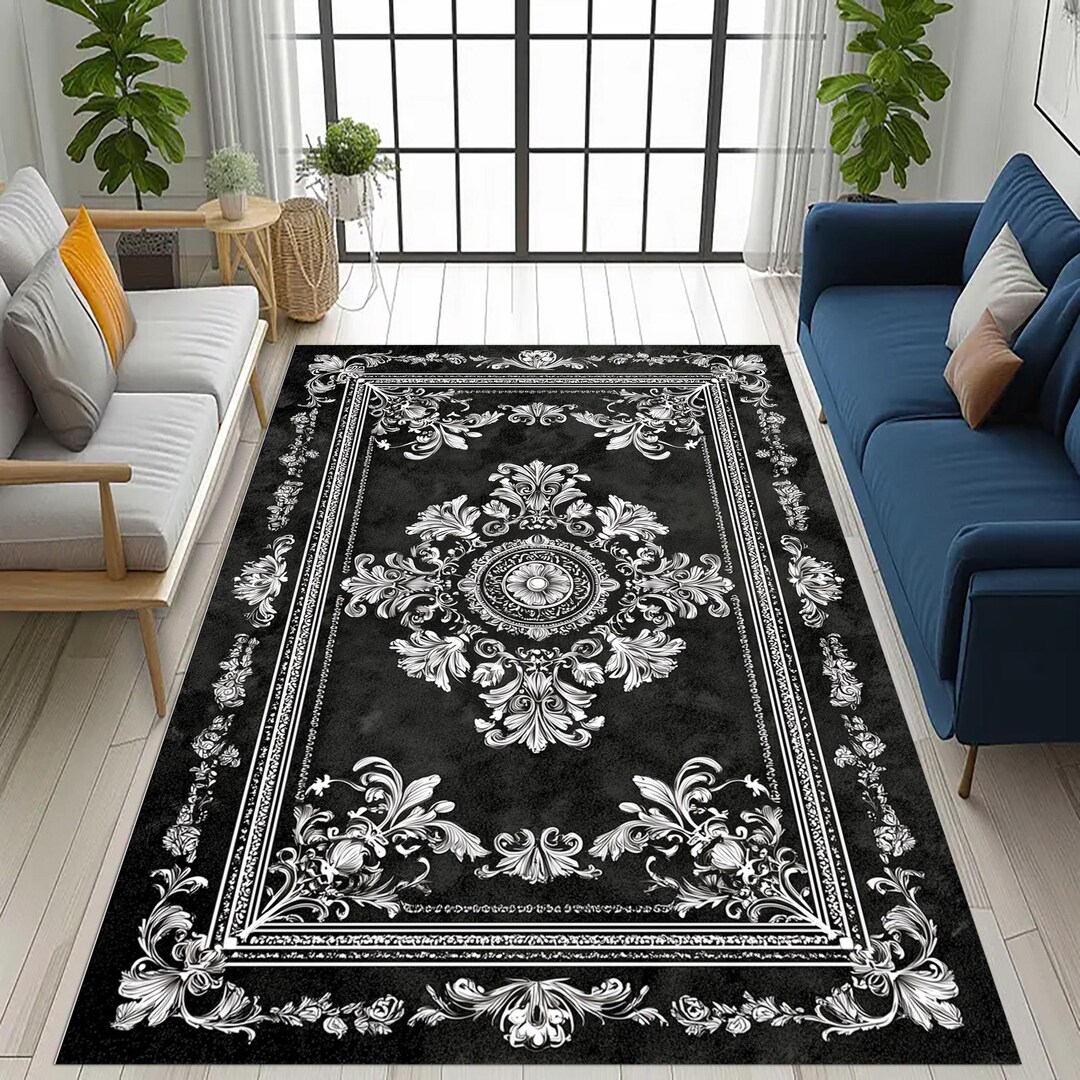 Baroque Medallion Rug: Ornate Black White Floral, Elegant Luxury ...