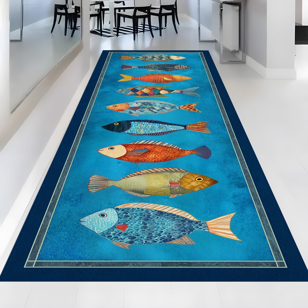 Marine Fish Runner Rug: Blue Ocean Wildlife Carpet, Colorful Tropical ...