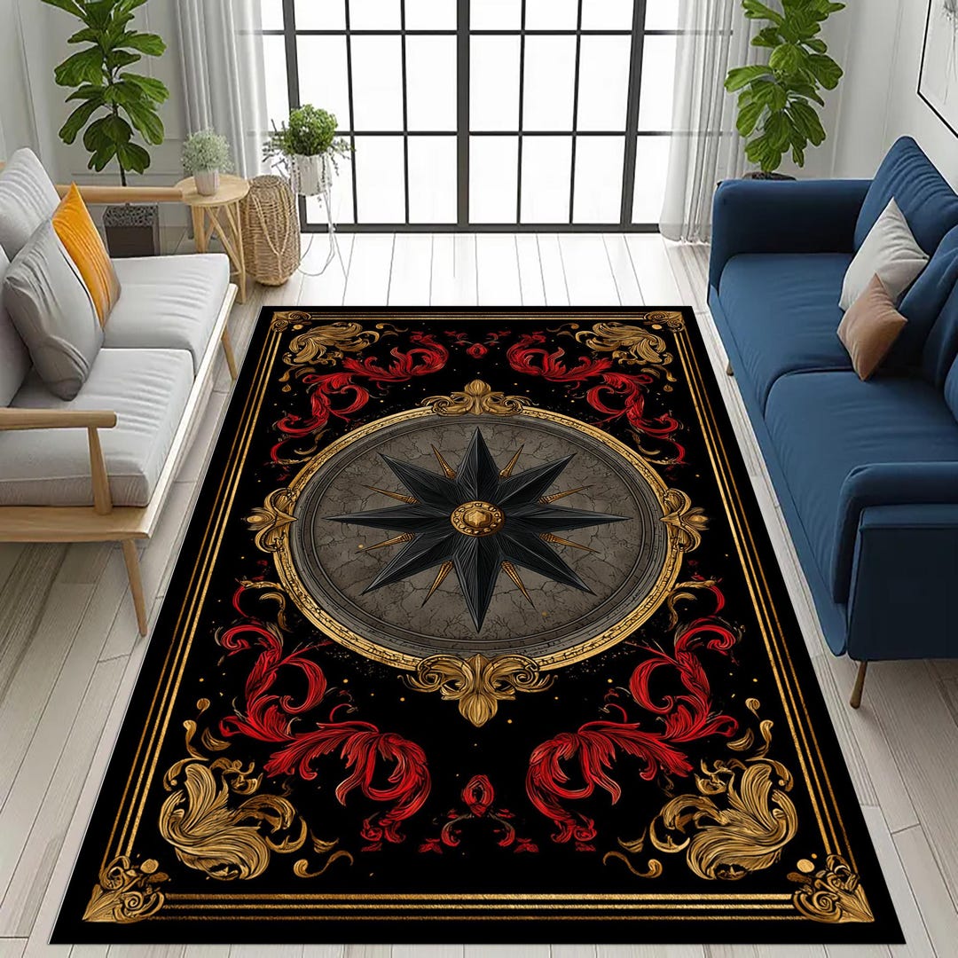 Gothic Compass Star Rug: Dark Academia , Ornate Baroque Frame, Medieval ...