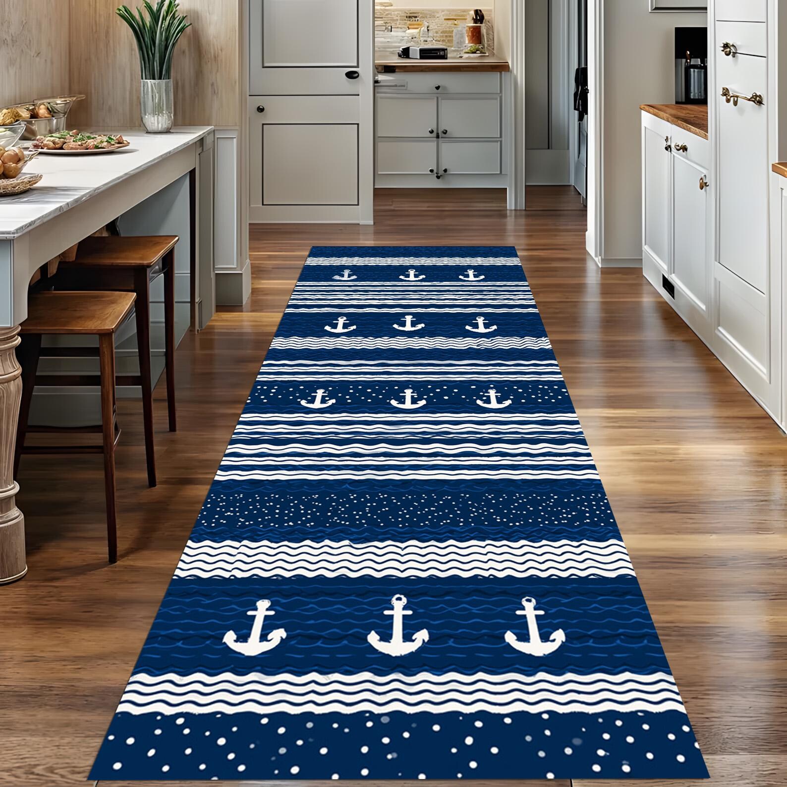 Nautical Anchor Runner Rug: Blue White Stripes, Coastal Maritime ...
