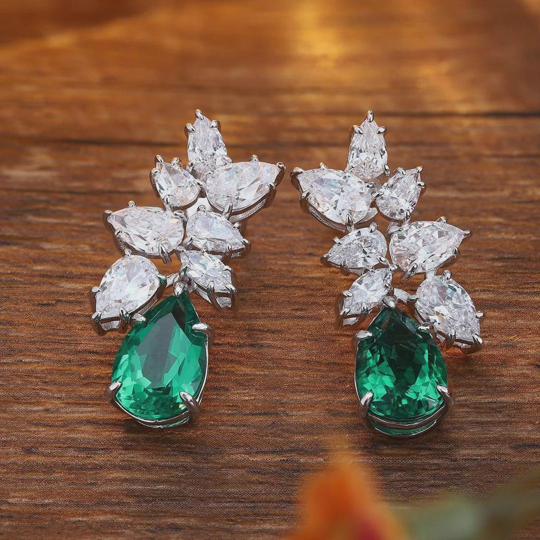 Floral S925 Lab Grown Emerald and Daimond Earrings, VT LUXURIOUS - Etsy