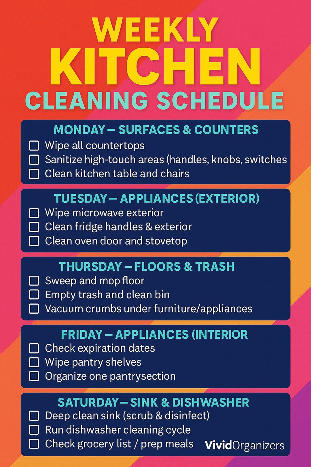 Kitchen Cleaning Schedule Printable: Colorful Chore Chart (digital ...
