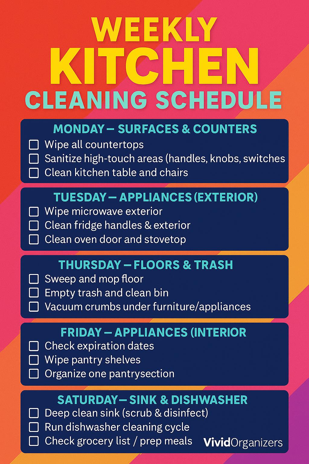Kitchen Cleaning Schedule Printable: Colorful Chore Chart (digital ...