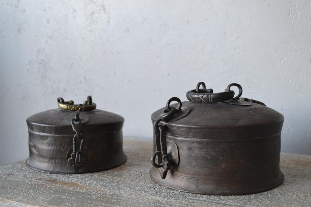 Antique Indian Copper Chapati Bread Box With Locking Lid (two Sizes ...