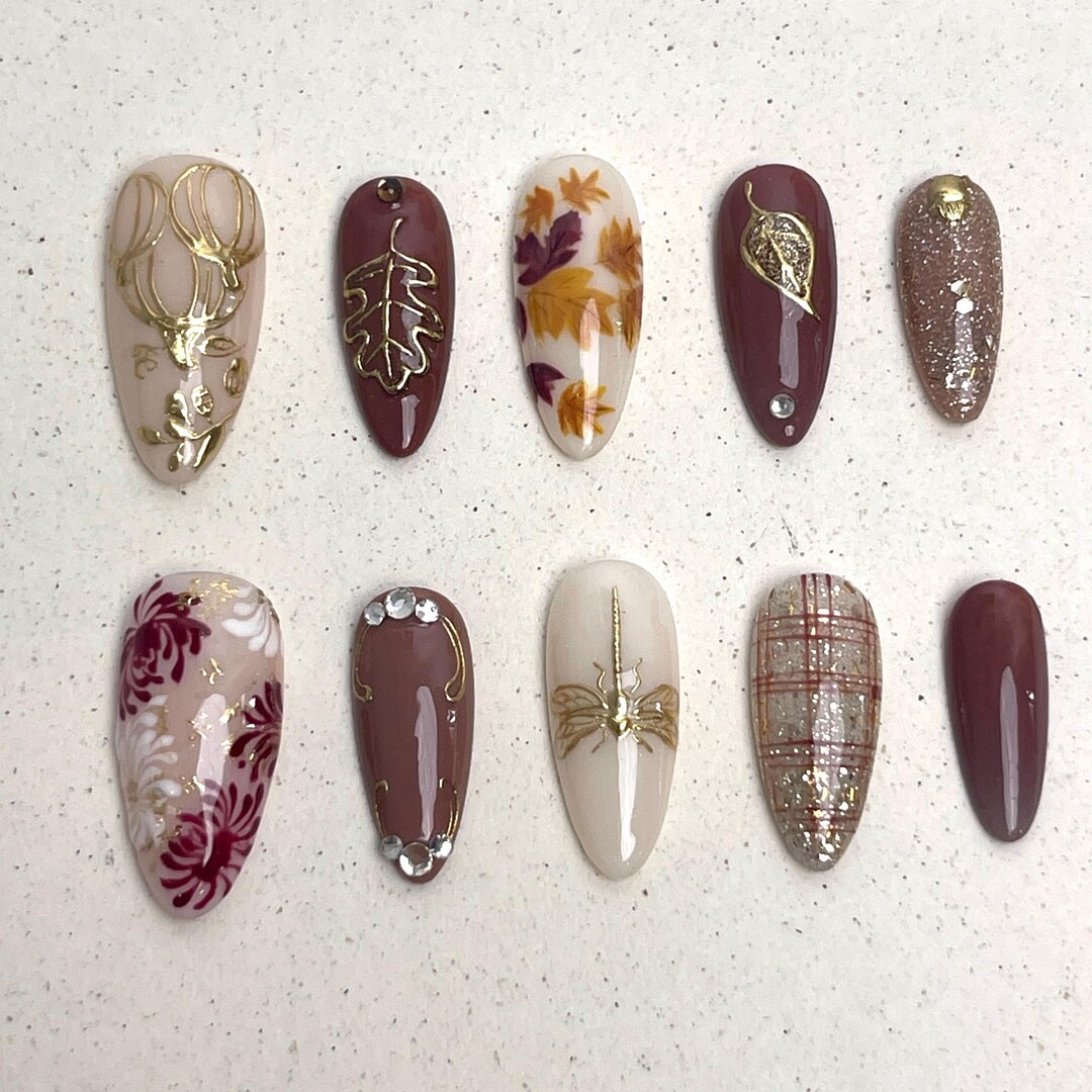 Fall Press on Nails – Brown and Gold Autumn Nail Art With Leaves ...