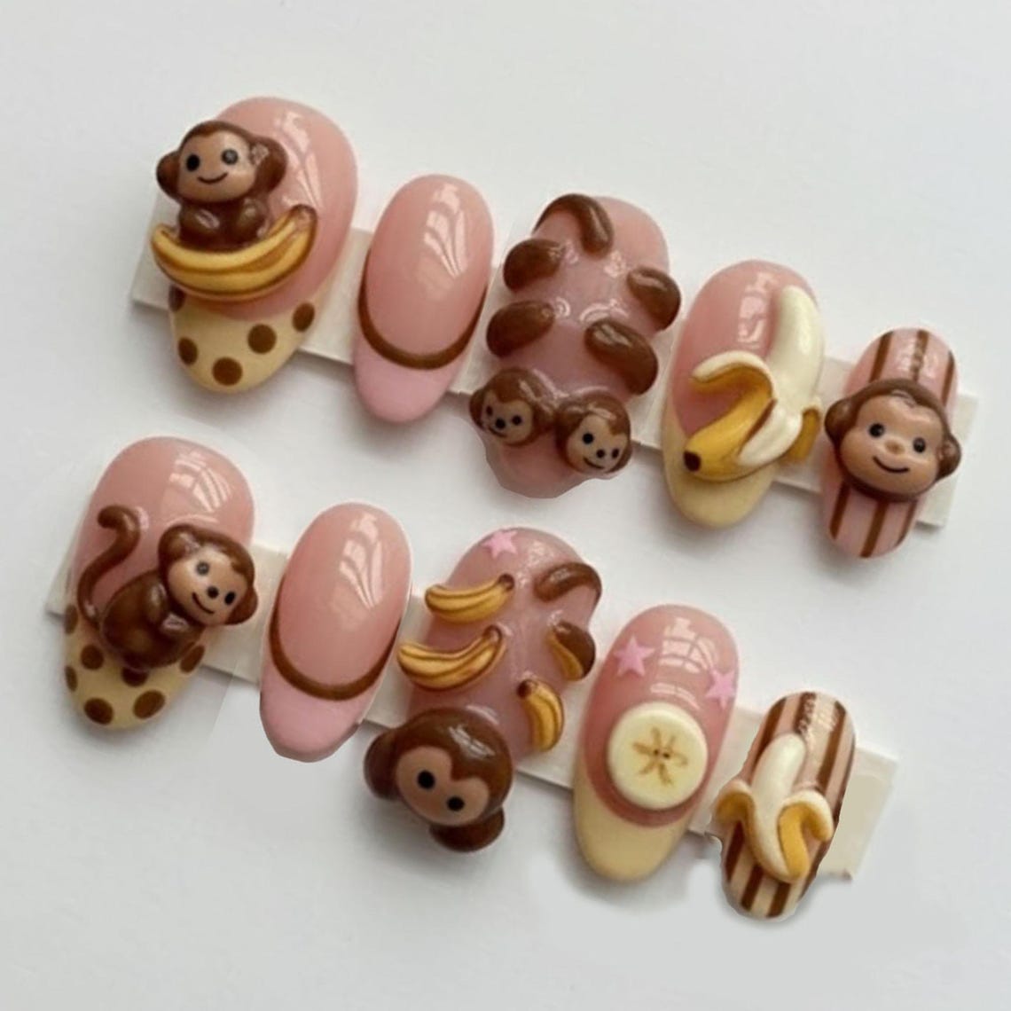 Monkey Banana Press on Nails | 3D Animal Nail Art Set | Pink Brown ...