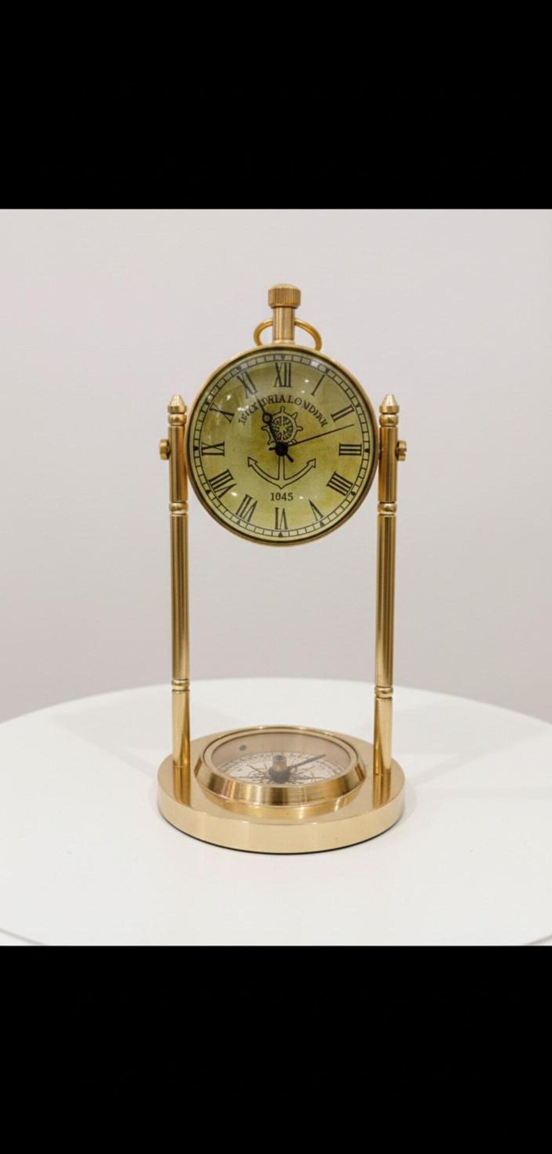Vintage Brass Table Clock With Compass - Nautical Steampunk Desk Decor ...