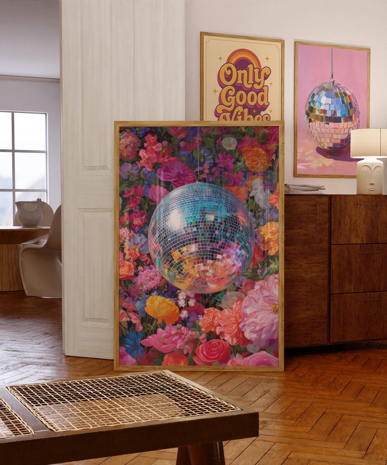 Printable Wall Art, Disco Ball Poster With Flowers, Colorful Maximalist ...