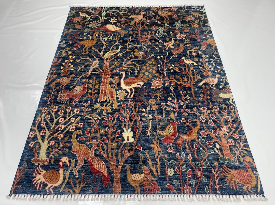 5 X 6'8 Ft. Birds Blue Area Rug, Hand-knotted Oriental Pictorial ...