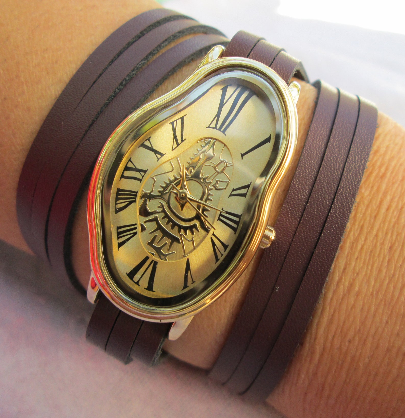 Gold Salvador Dali Inspired Slim Brown Leather Wrap Watch, Dali Melting ...