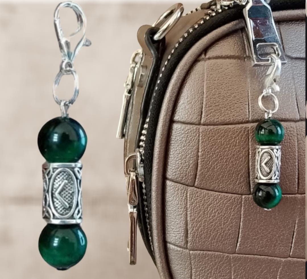 Keychain With Natural Green Tiger's Eye Stone and Kenaz Rune, Symbol of ...