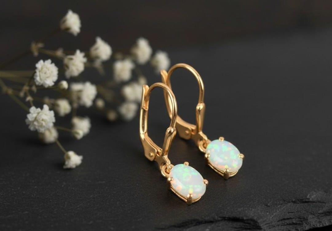 Natural Opal Sterling Silver Drop Earrings | October Birthstone, Oval ...