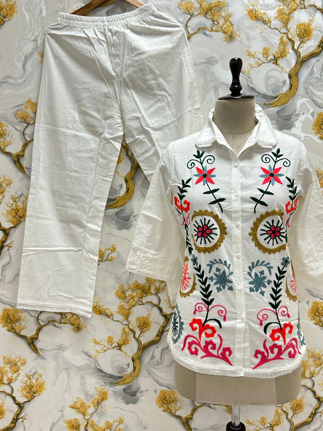 Women Indian Cord Set Handwork Kurta White Embroidered Kurti Floral ...