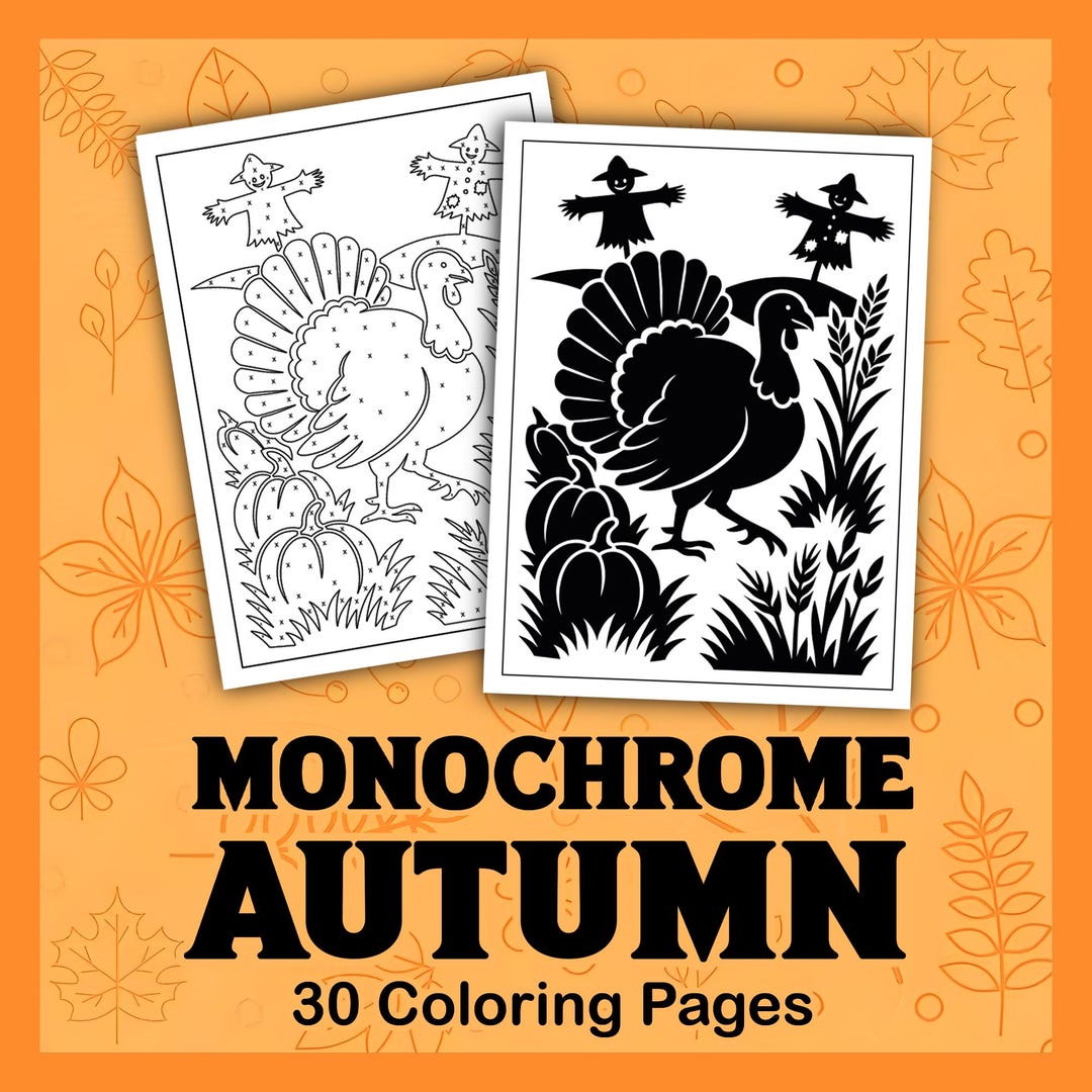 Autumn Monochrome Coloring Pages PDF: 30 Cozy Fall Designs, One Color ...