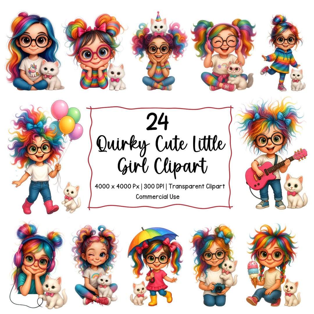 Whimsical Girl Clipart Bundle: Watercolor Quirky Girls Clipart PNG Set ...