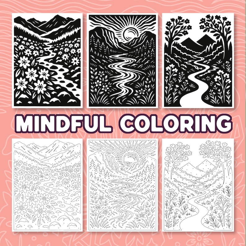 Monochrome Coloring Book Pages, Adventure Travel, Forest Mountain ...