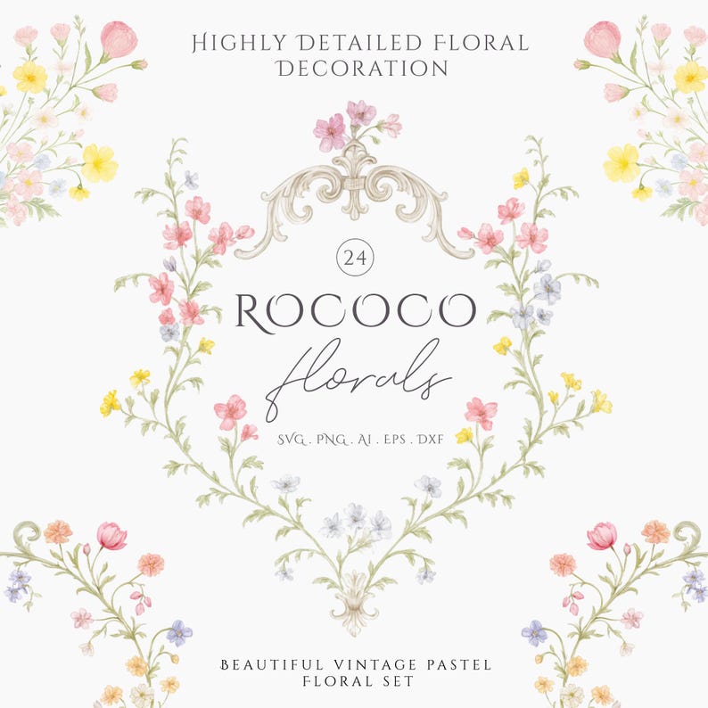 Watercolor Rococo Floral Line Art Wedding Clipart, Vintage Victorian ...