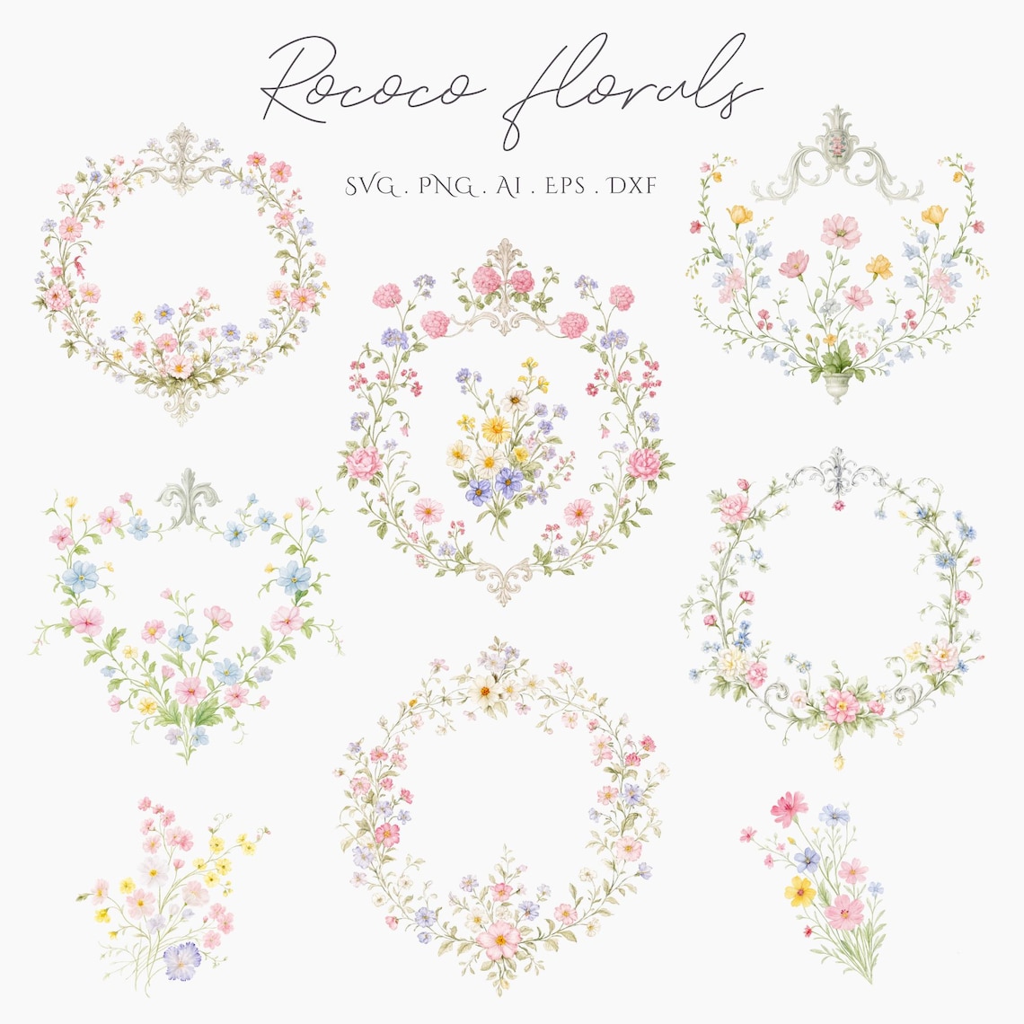Watercolor Rococo Floral Line Art Wedding Clipart, Vintage Victorian ...
