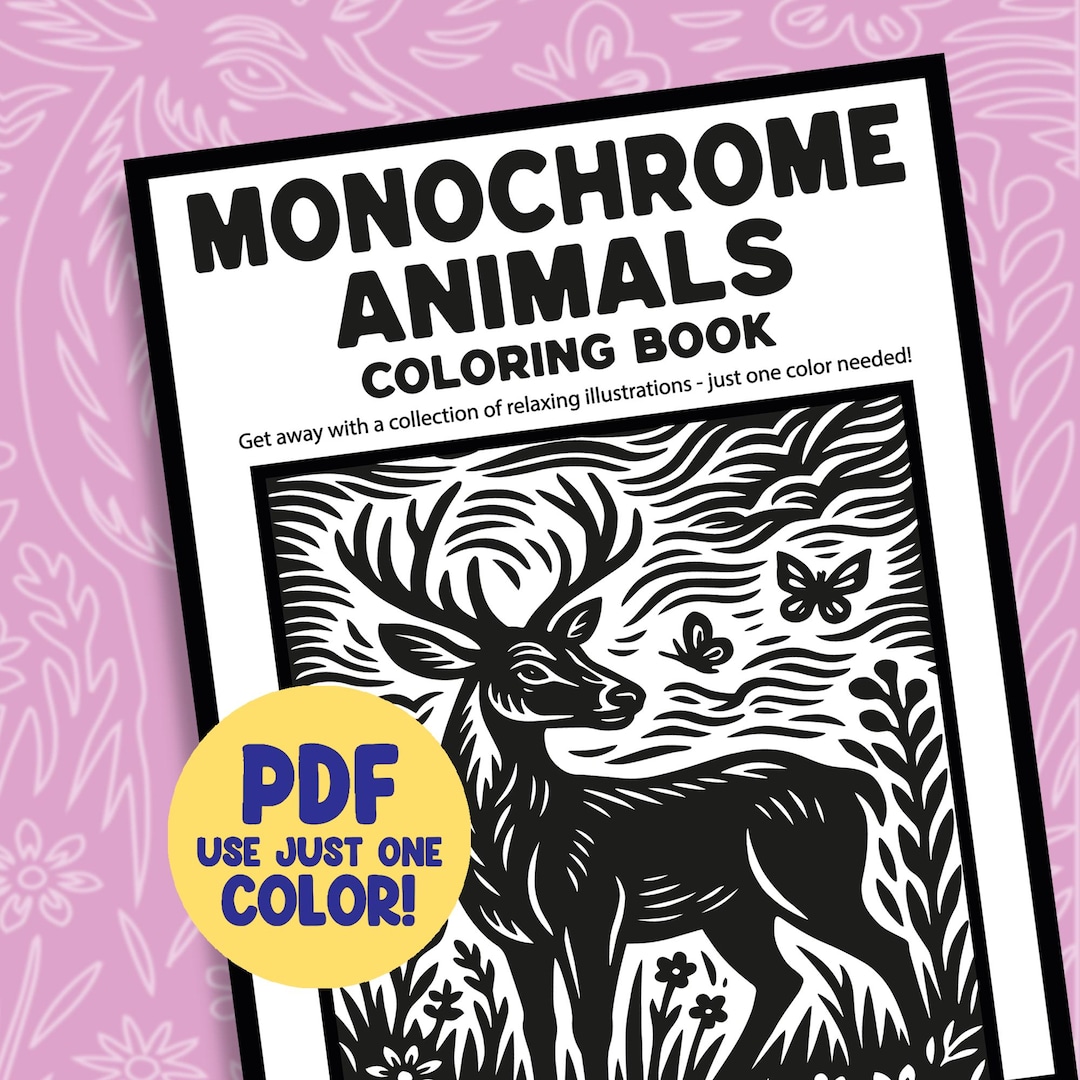 Monochrome Coloring Book Pages, Wild Animal Illustration Designs, One ...