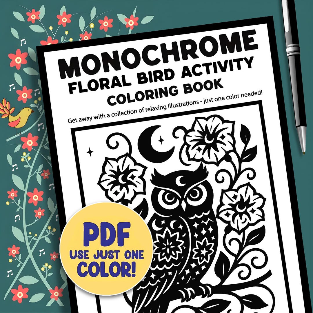 Monochrome Coloring Book Pages, One Color Printable Floral Bird ...