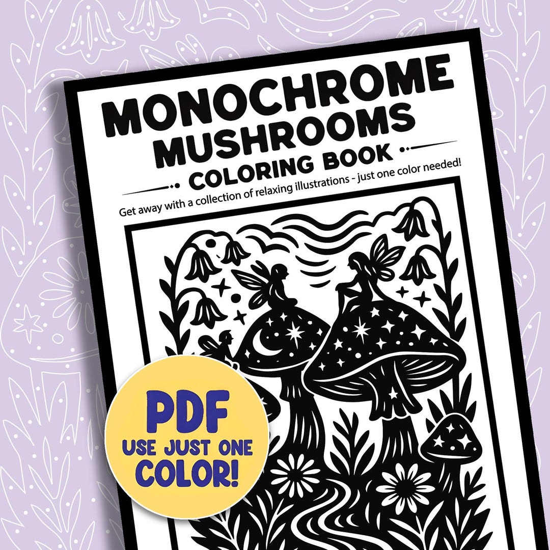 30 Monochrome Coloring Book Pages PDF, Cottagecore Mushroom Aesthetics ...