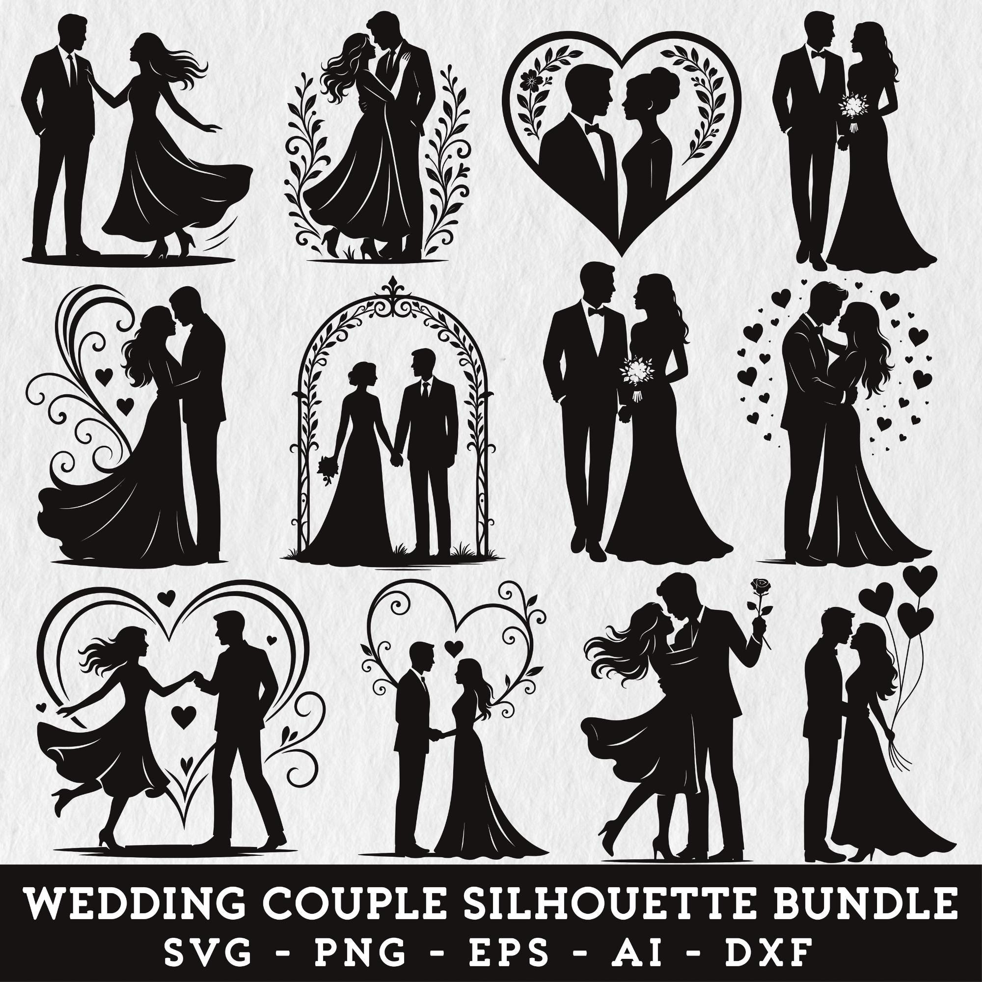 Wedding Couple SVG, Bride and Groom Heart Silhouette Cut Files for ...
