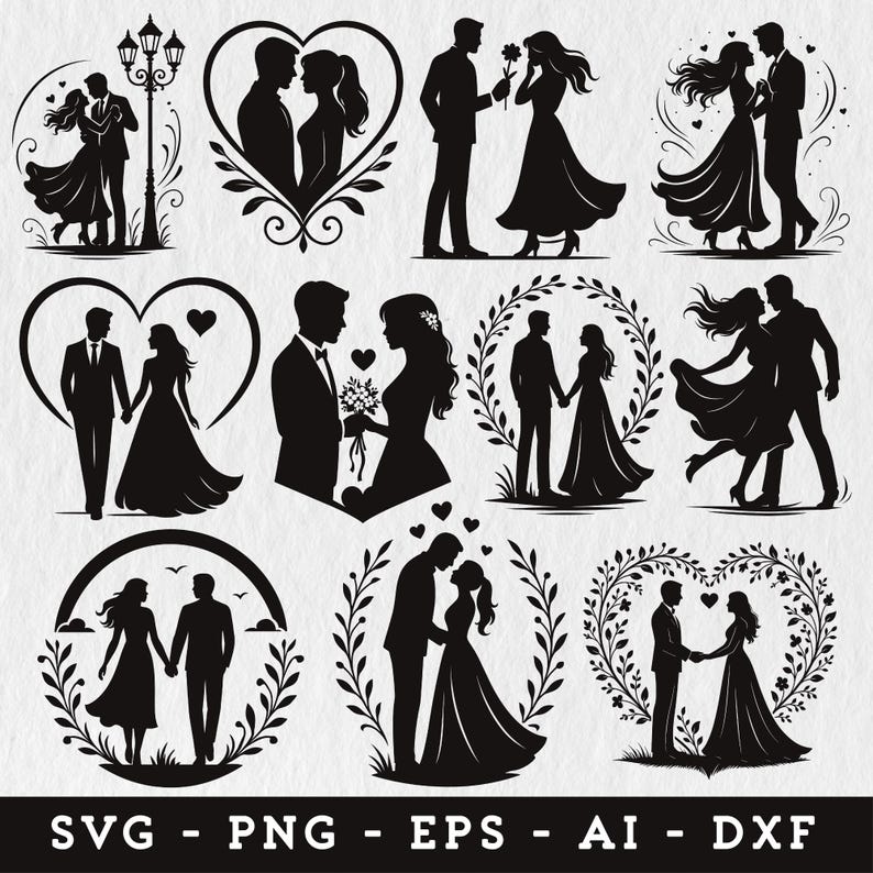 Wedding Couple SVG, Bride and Groom Heart Silhouette Cut Files for ...