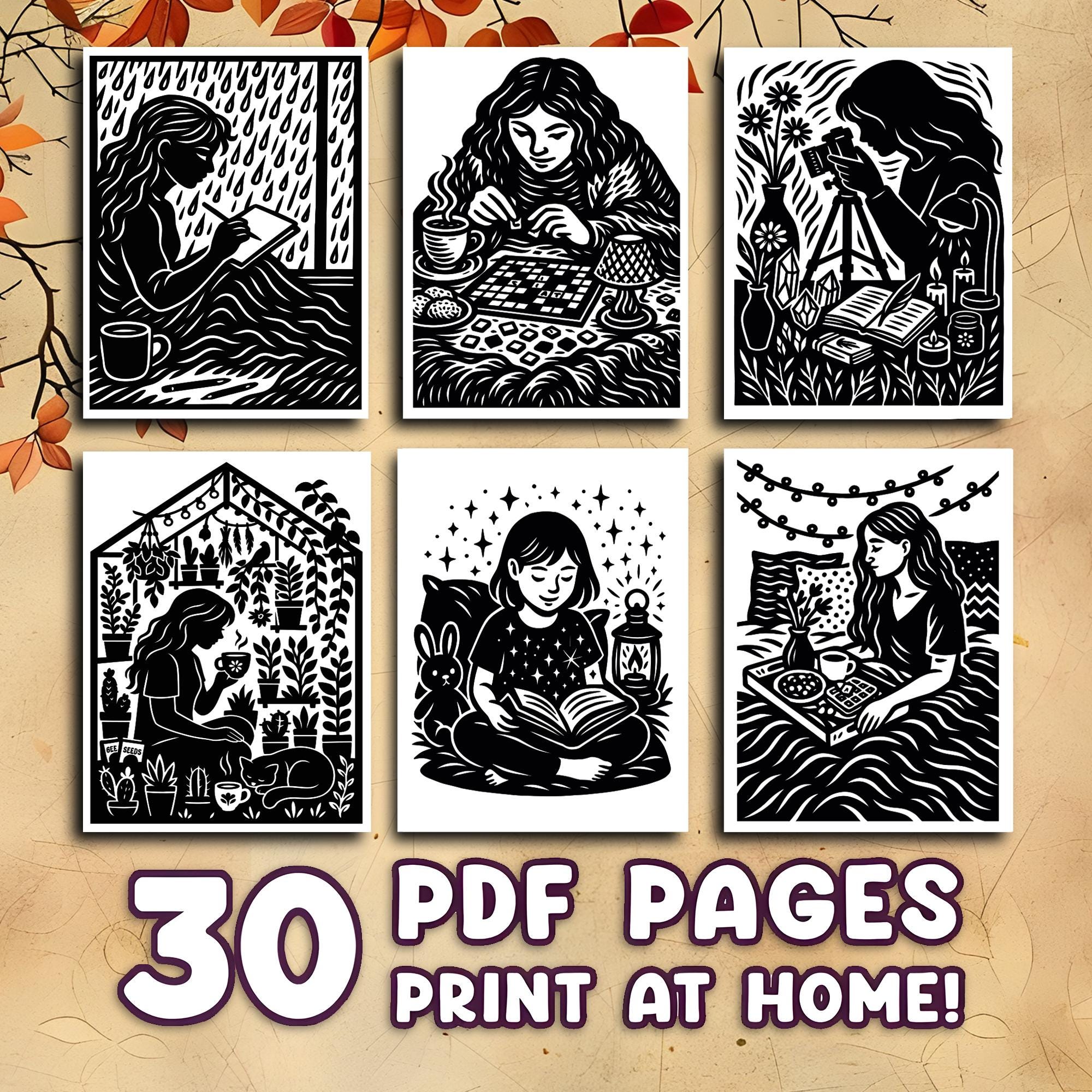 Monochrome Coloring Book Pages, 30 Collection of Cozy Girl One Color ...