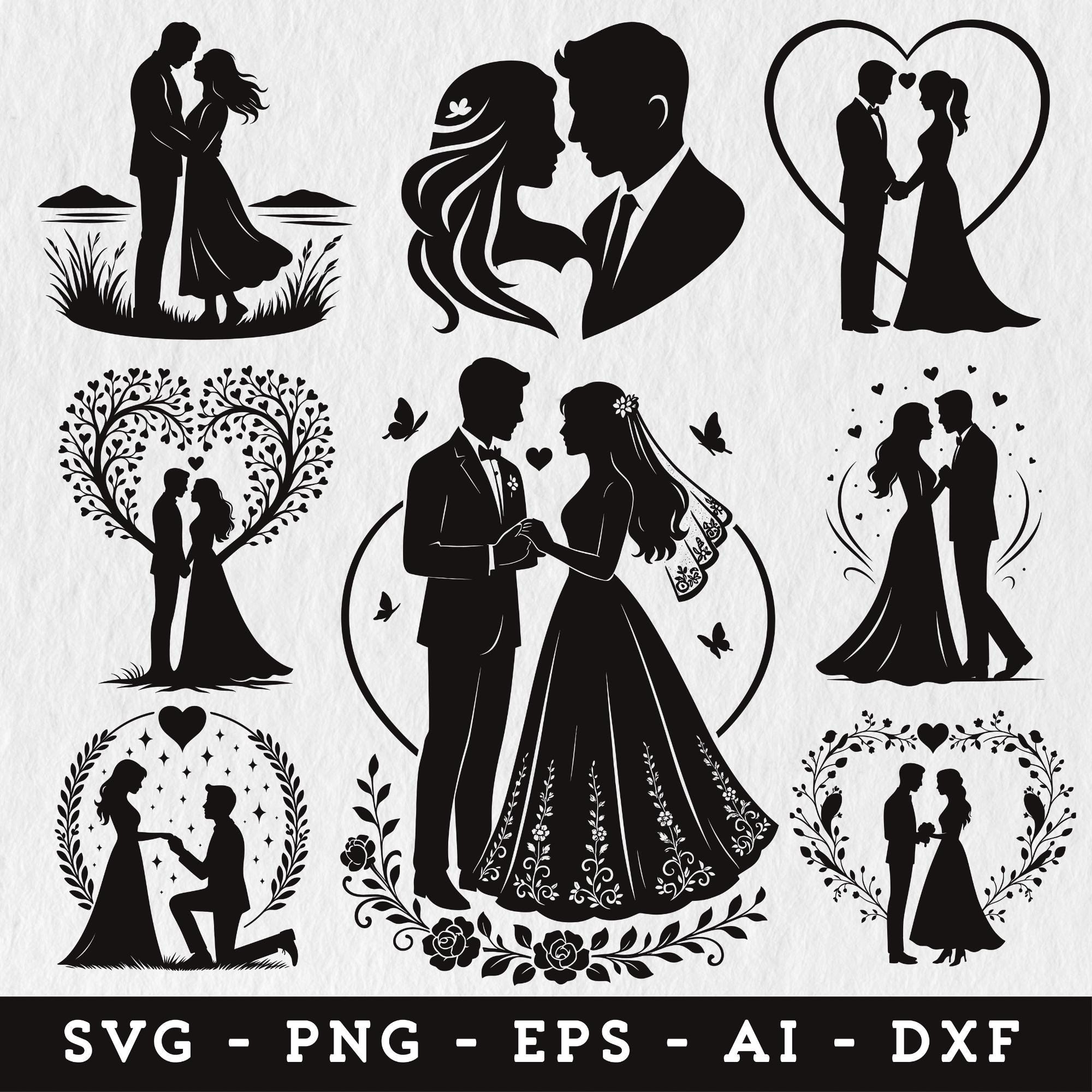 Wedding Couple SVG, Bride and Groom Heart Silhouette Cut Files for ...