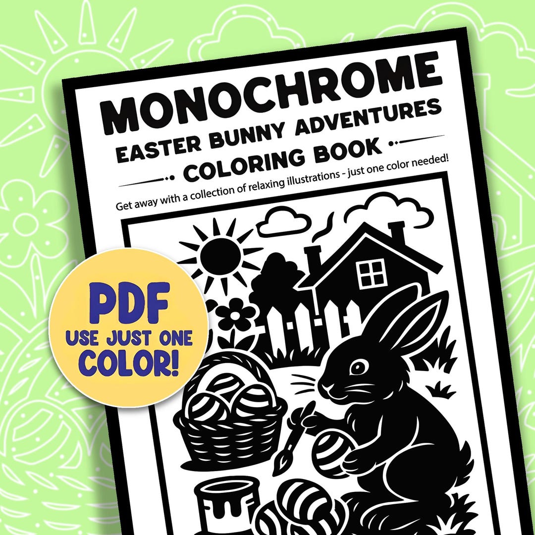 Easter Bunny Adventures Monochrome Coloring Book Pages, 30 Printable ...