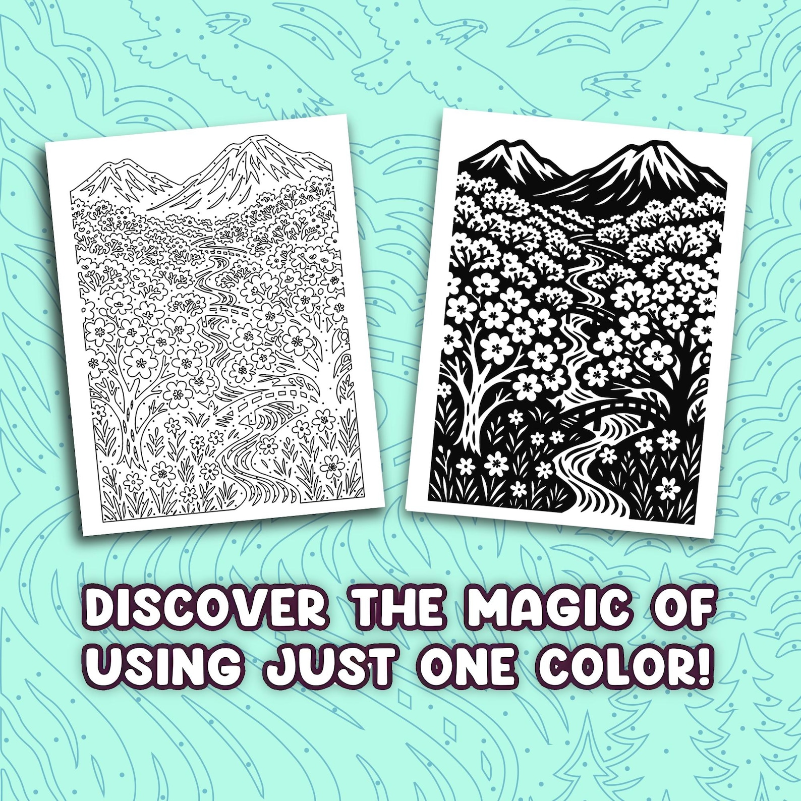 Monochrome Coloring Book Pages, Outdoor Nature Forest Mountain ...