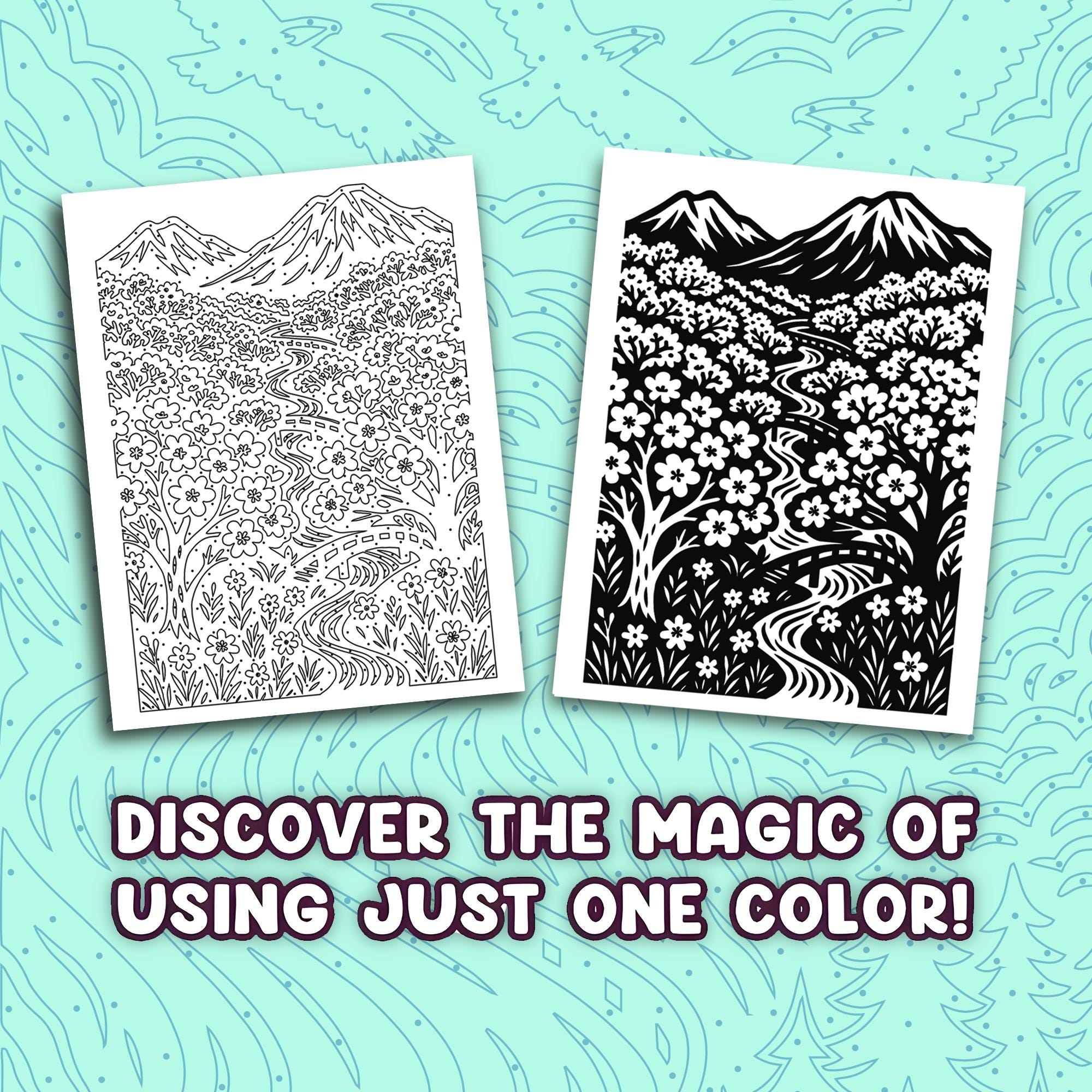 Monochrome Coloring Book Pages, Outdoor Nature Forest Mountain ...