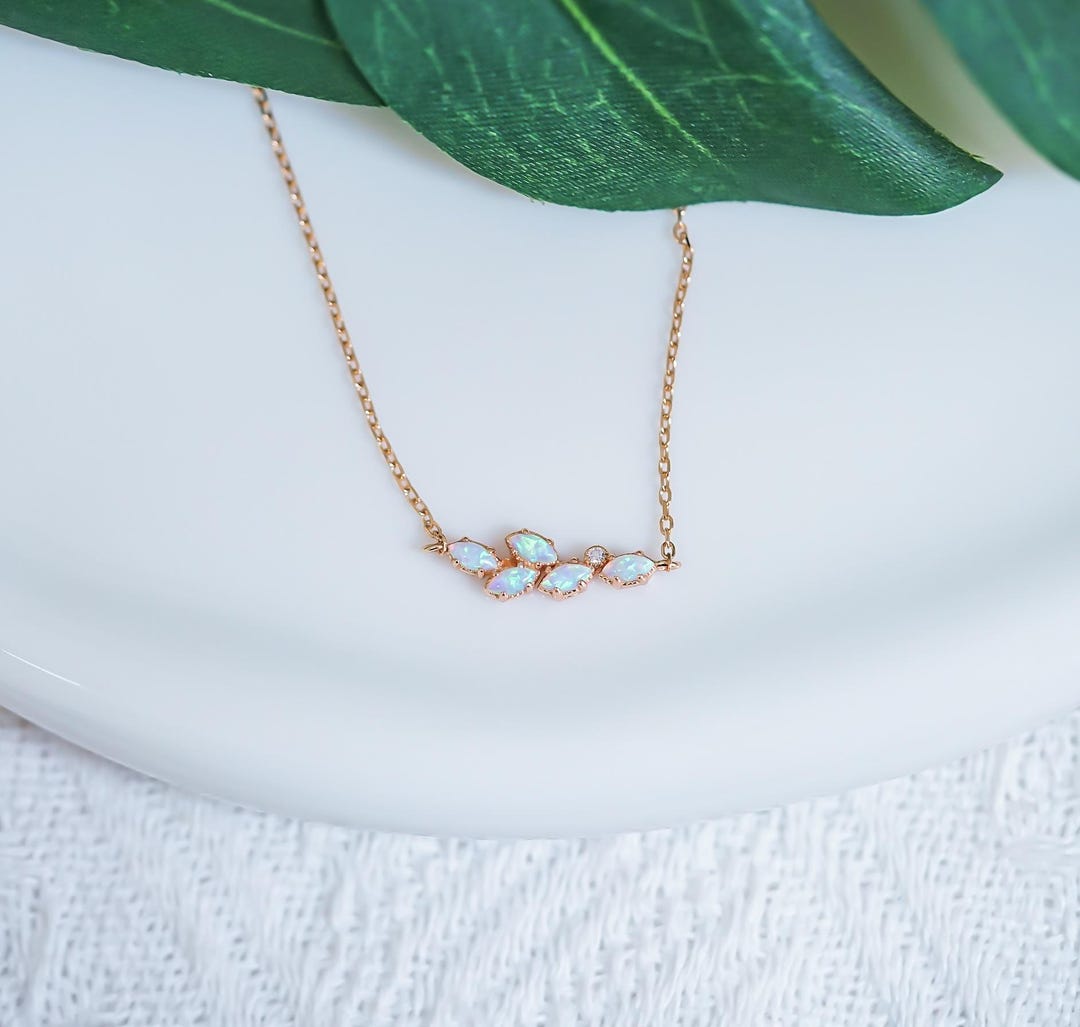 Dainty White Opal Necklace, Gold Marquise Opal Necklace, Leaf Necklace ...