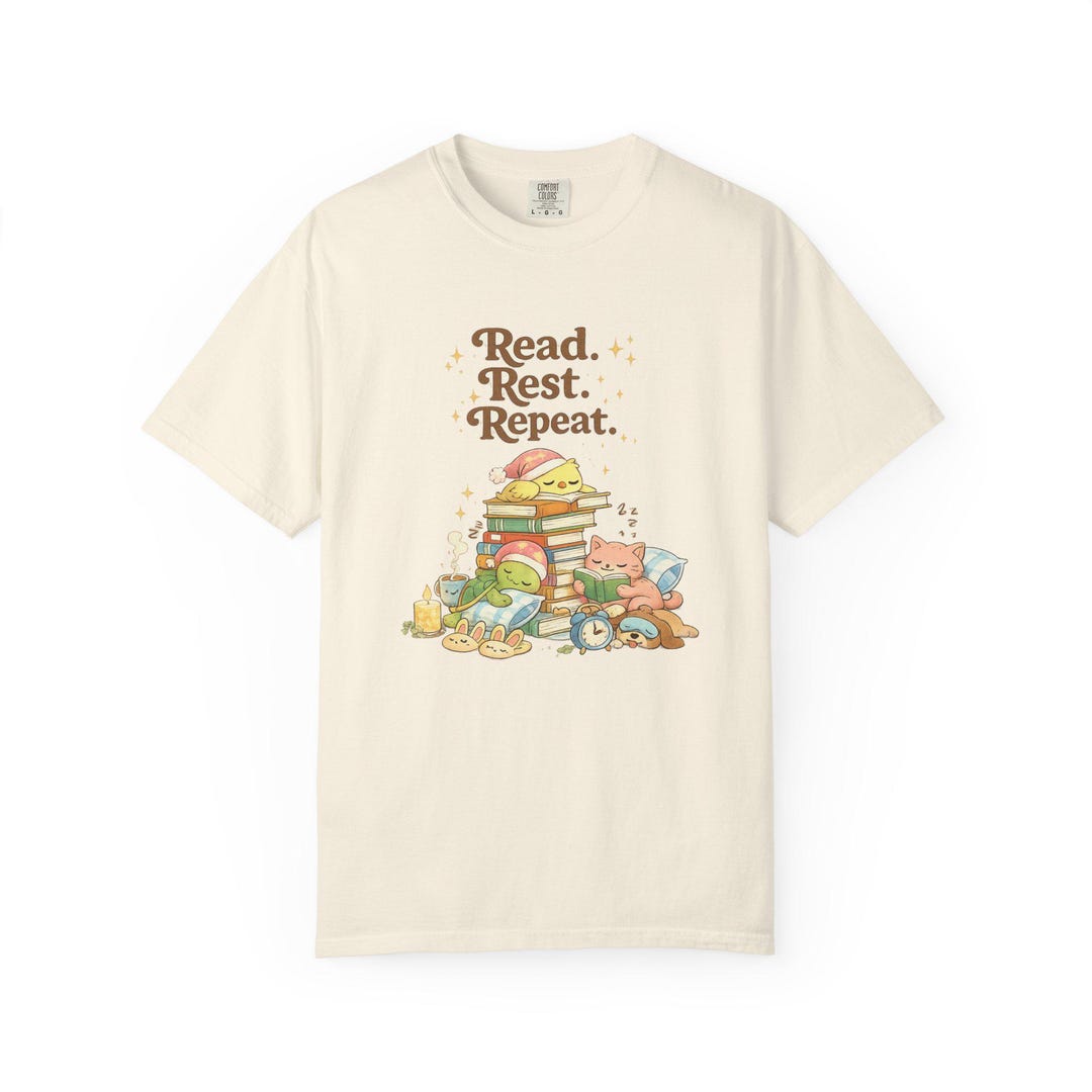Read Rest Repeat Book Stack With Sleepy Animals T-shirt | Cozy Reading ...