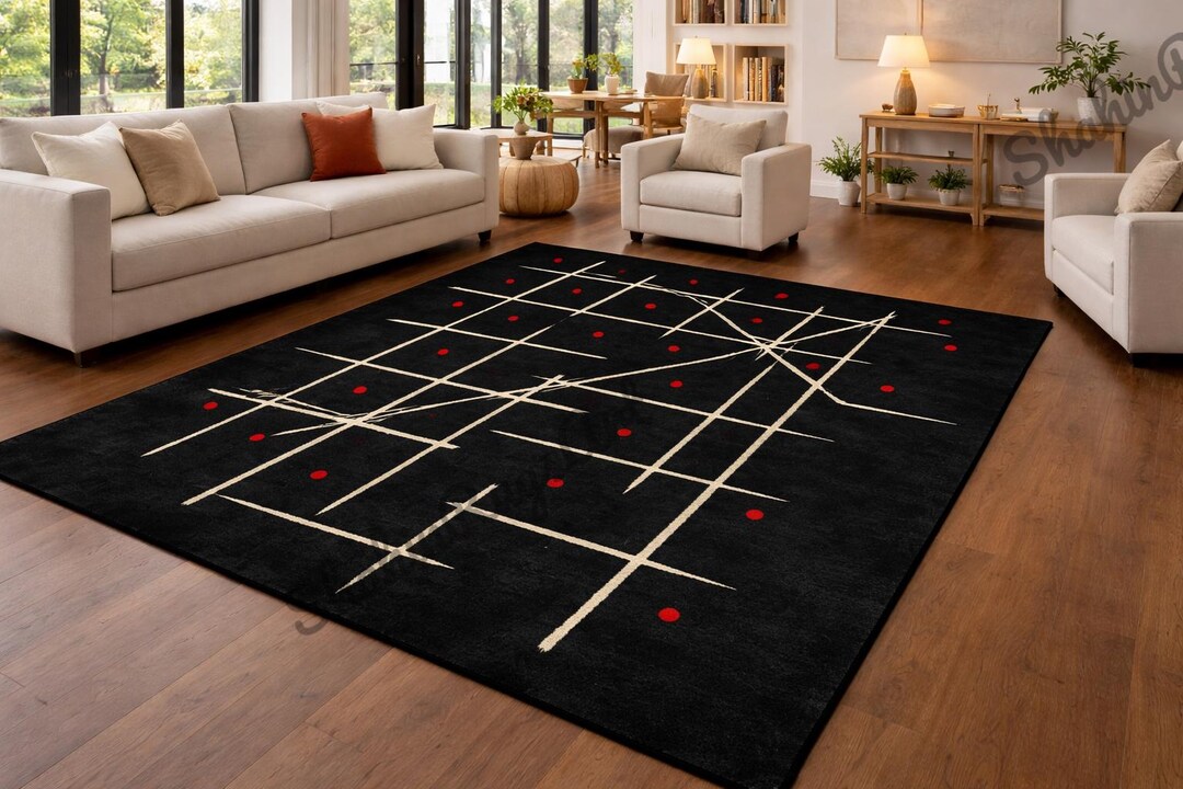 Modern Abstract Geometric Area Rug, Black Cream Mid-century Minimalist ...