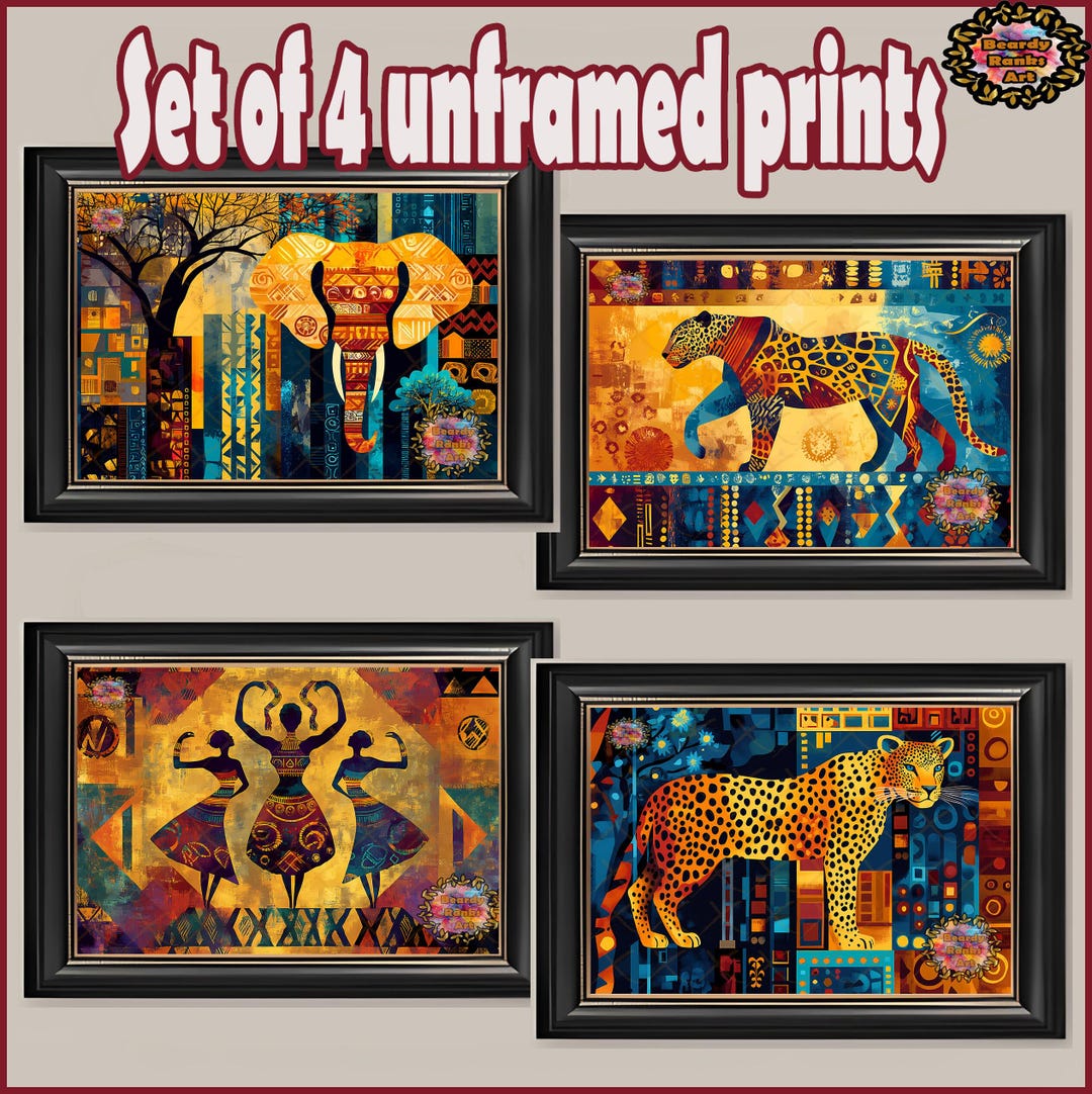 4 Colorful African Art Prints, Afrocentric Wall Decor, Vibrant Abstract ...