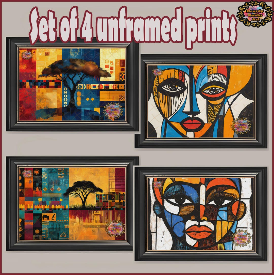 4 Colorful African Art Prints, Afrocentric Wall Decor, Vibrant Abstract ...