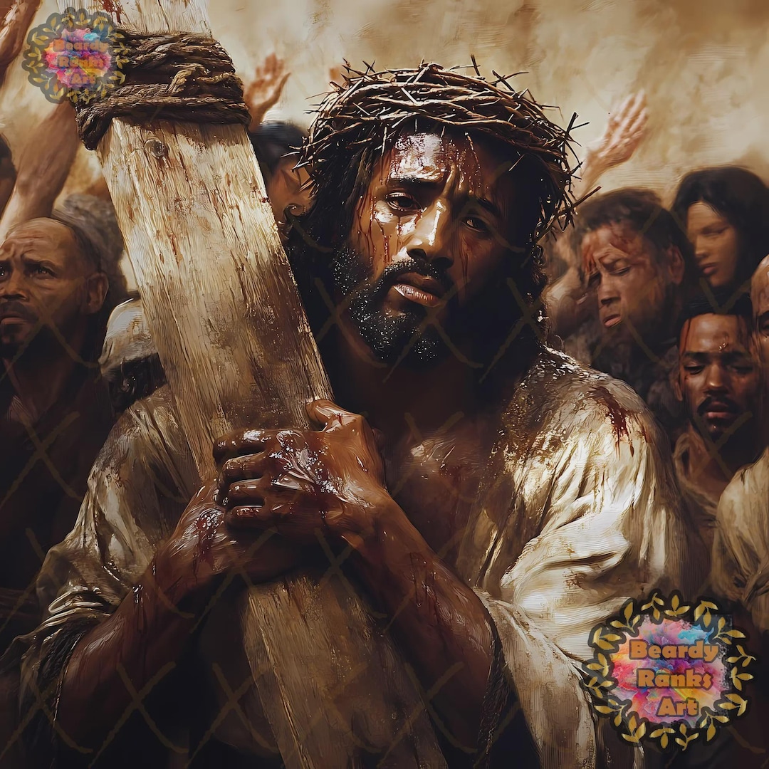 Black Jesus Carrying Cross Prints, Brown Skin Jesus Wall Art, Christian ...