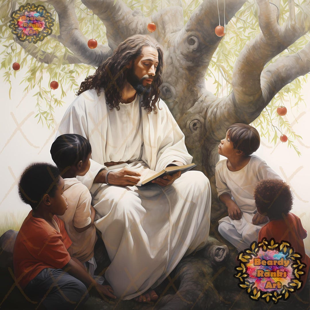 Black Jesus Teaching Children Art Print, Christian Artwork (digital ...
