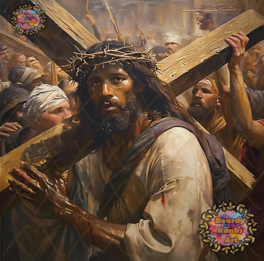 Black Jesus Carrying Cross Prints, Brown Skin Jesus Wall Art, Christian ...